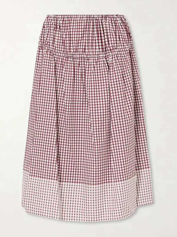 LIBEROWE Eve Tiered Checked Cotton Midi Skirt - Burgundy