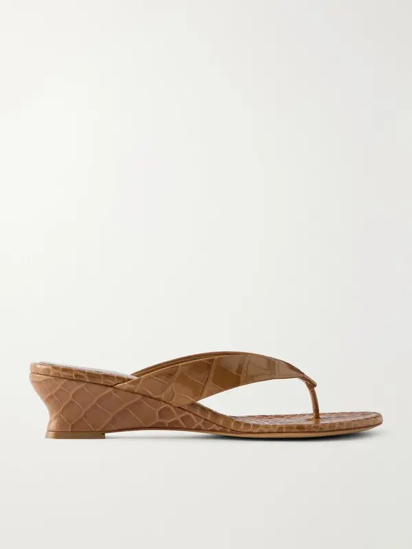 Le Monde Beryl Micro Wedge Croc-effect Leather Thong Sandals - Brown