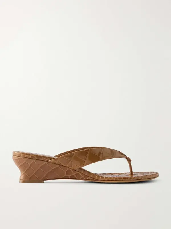 Le Monde Beryl Micro Wedge Croc-effect Leather Thong Sandals - Tan