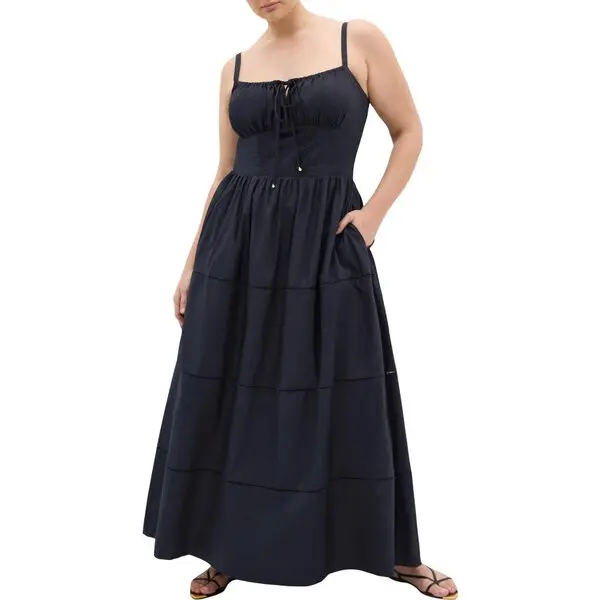 City Chic Cotton Maxi Dress With Corset Bodice - Navy