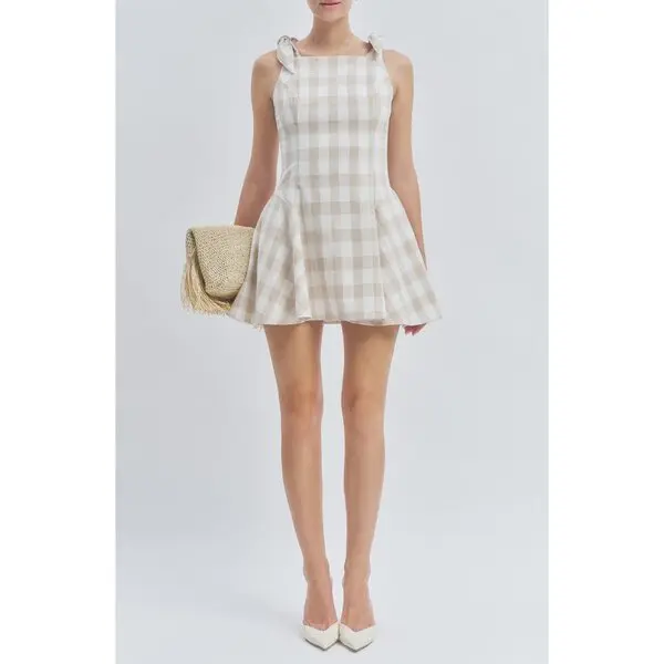MAUDE CLUB Chelsea Mini Dress - Beige White Gingham