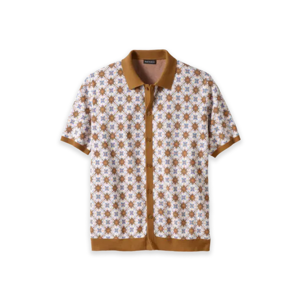 PAUL FREDRICK Cotton Button Front Polo - Tan Multi