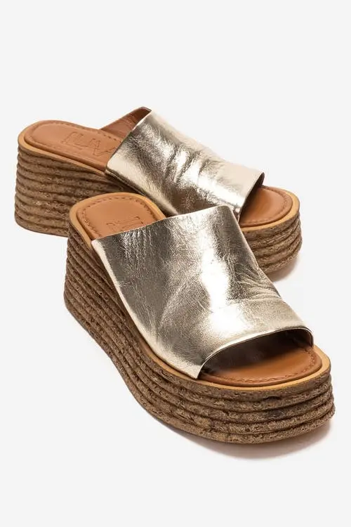 FOREVER & ALWAYS SHOES Marc Leather Wedge Sandal - Gold
