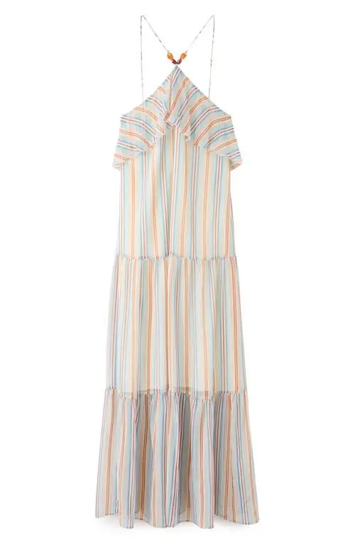 Mango Striped Ruffle Chiffon Maxi Dress - Blue