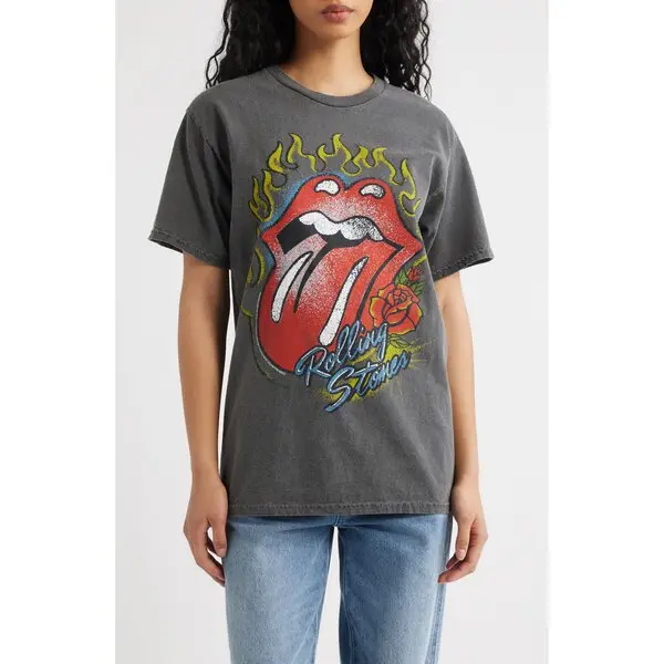Junk Food Rolling Stones Flaming Hot Lips Graphic T-shirt - Vintage Black