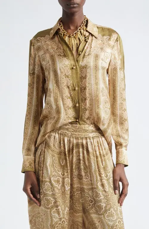 Zimmermann Luna Paisley Print Silk Satin Shirt - Olive Perla Paisley