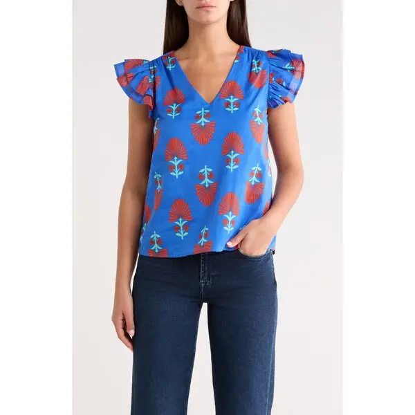 SUGARLIPS Lucinda Floral Ruffle Sleeve Top - Blue-red
