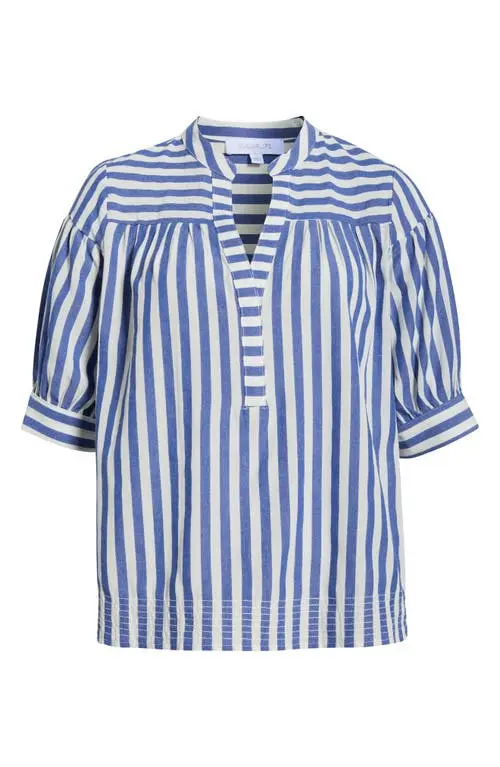 SUGARLIPS Striped Split-neck Cotton Top - Blue-stripe