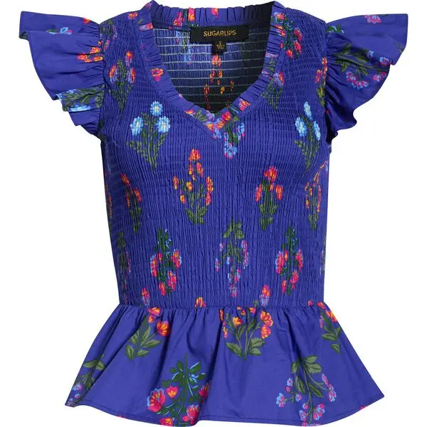 SUGARLIPS Floral Smocked Flutter Sleeve Peplum Cotton Top - Navy
