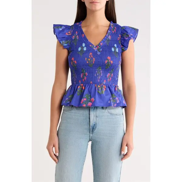 SUGARLIPS Floral Smocked Flutter Sleeve Peplum Cotton Top - Navy