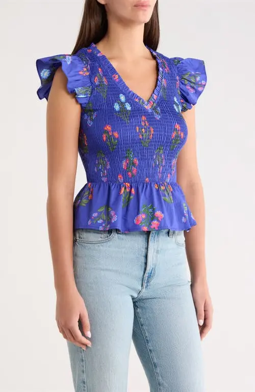 SUGARLIPS Floral Smocked Flutter Sleeve Peplum Cotton Top