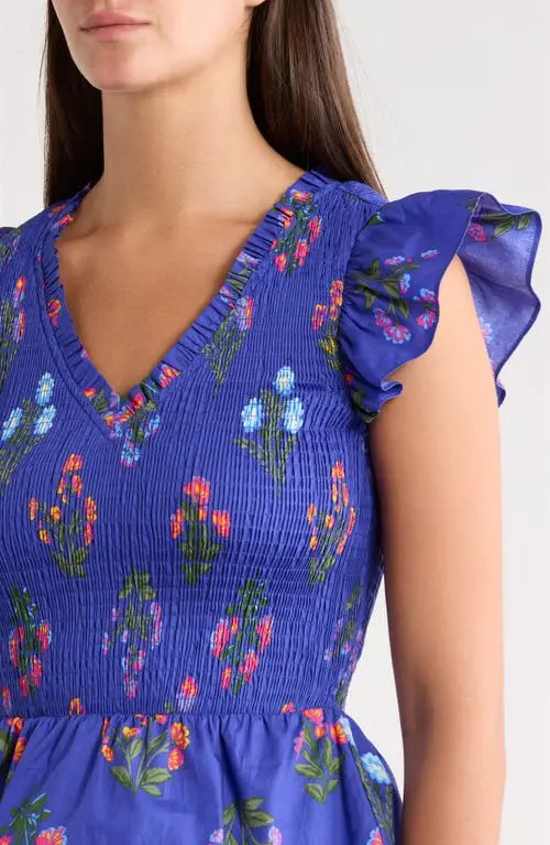 SUGARLIPS Floral Smocked Flutter Sleeve Peplum Cotton Top