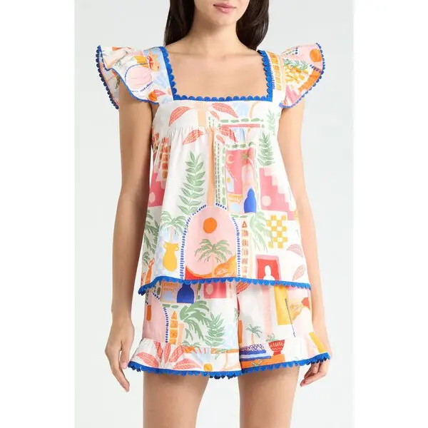 SUGARLIPS Embroidered Cotton Flutter-sleeve Top - Orange Pink Wihte