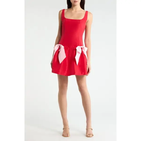 SUGARLIPS Noretta Bow Satin Mini Dress - Red