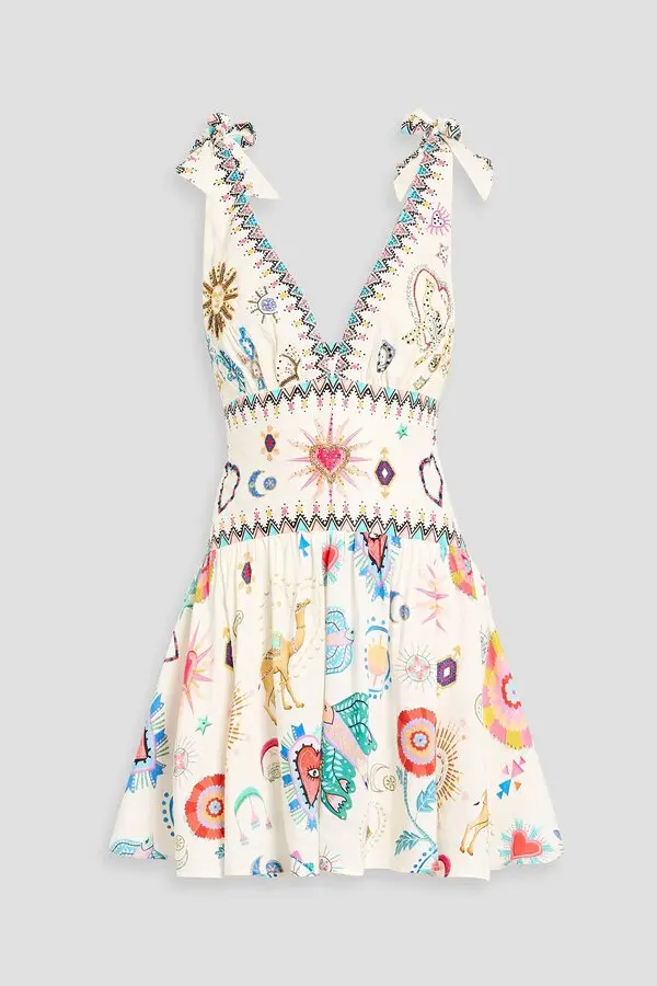 Camilla Crystal-embellished Printed Linen And Silk-blend Mini Dress - Ivory