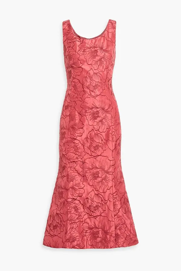 LEO LIN Daphne Embroidered Satin Midi Dress - Brick