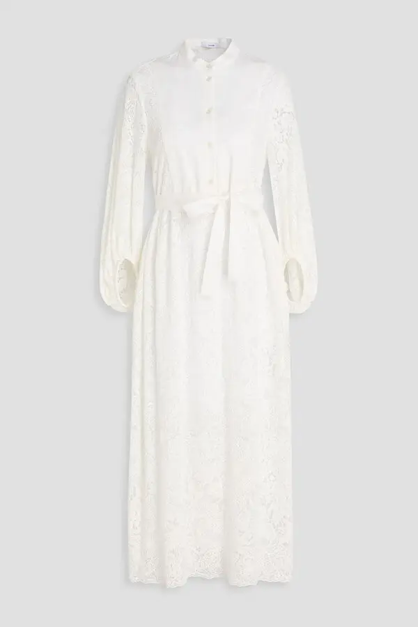 Erdem Belted Poplin Paneled Lace Midi Shirt Dress - White