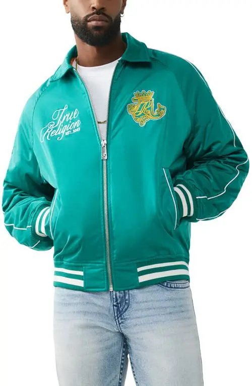 True Religion Crest Satin Retro Bomber Jacket - Ultra Marine Green