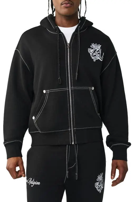 True Religion Crest Big T Boxy Zip-up Hoodie - Jet Black