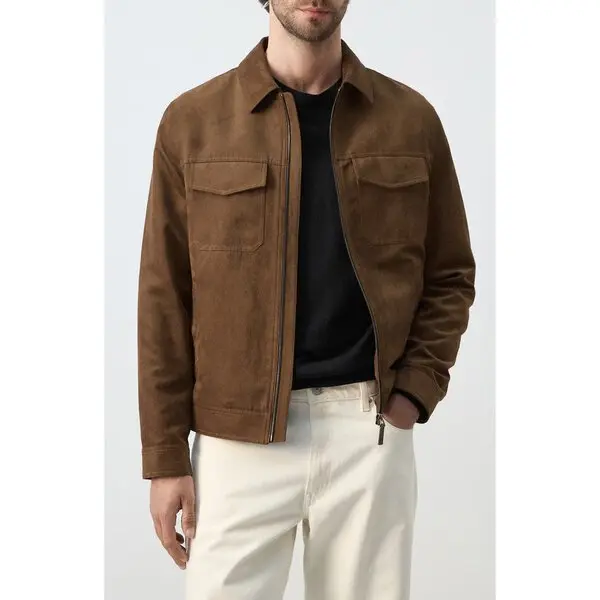 Mango Faux Suede Jacket - Cognac