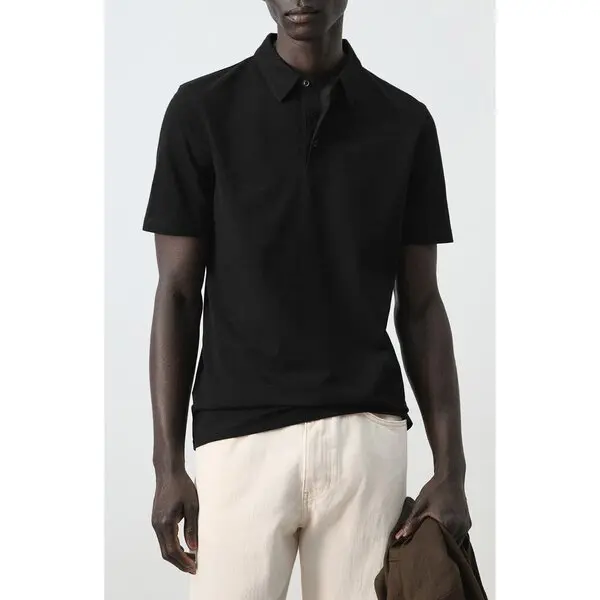 Mango Slim Fit Stretch Cotton Blend Piqué Polo - Black