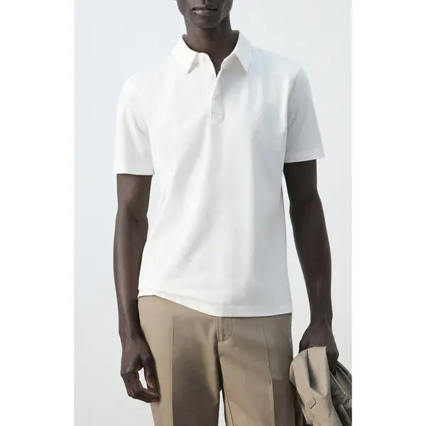 Mango Slim Fit Stretch Cotton Blend Piqué Polo - White