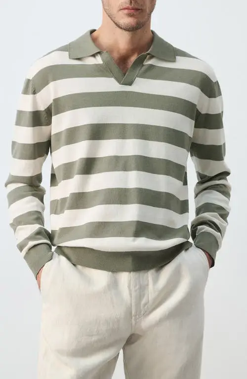 Mango Fine Knit Long Sleeve Stripe Polo - Forest Green