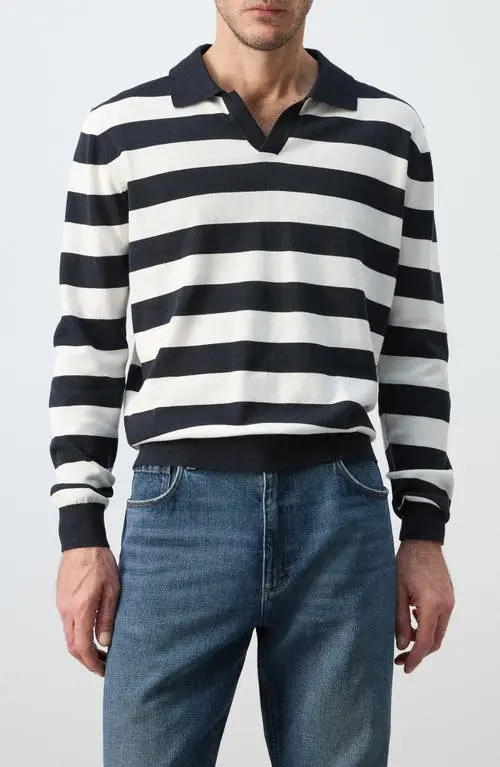 Mango Fine Knit Long Sleeve Stripe Polo - Navy