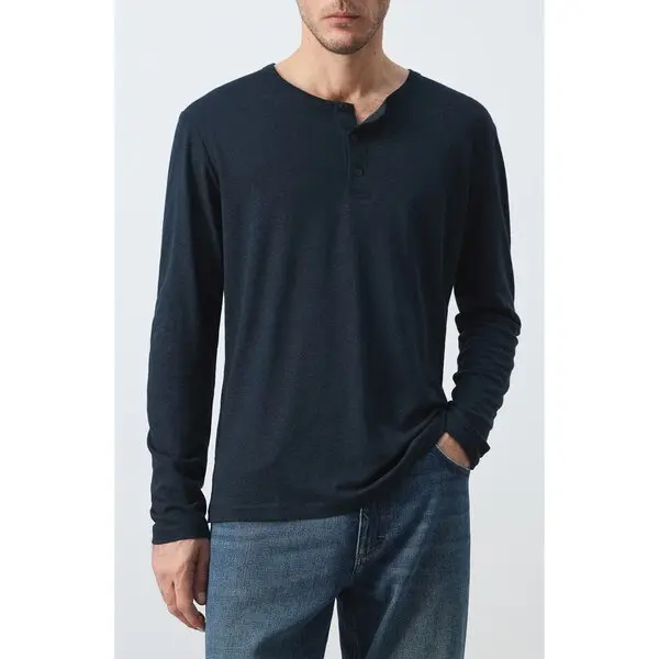 Mango Linen Blend Henley - Navy