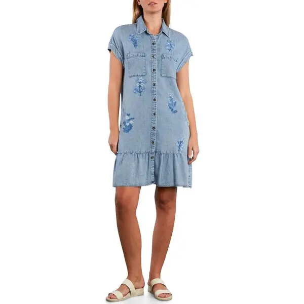 BILLY T Floral Appliqué Mini Shirt Dress - Denim