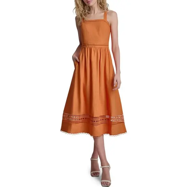 Dkny Eyelet-embroidered Linen Blend A-line Dress - Amberglow