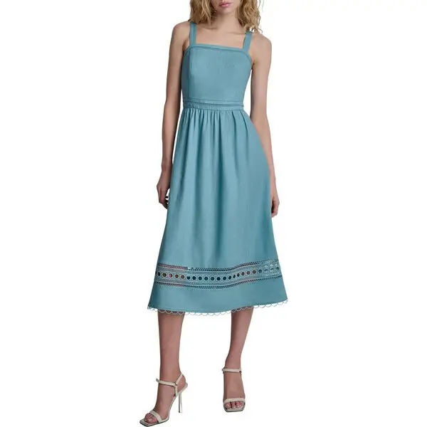 Dkny Eyelet-embroidered Linen Blend A-line Dress - Cameo Blue