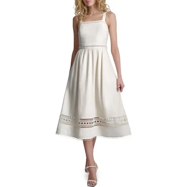 Dkny Eyelet-embroidered Linen Blend A-line Dress - Coconut