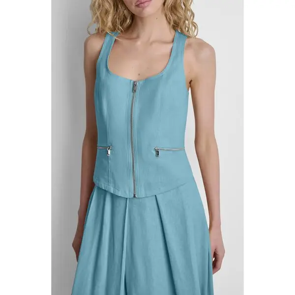 Dkny Linen Blend Sleeveless Zip Top - Cameo Blue