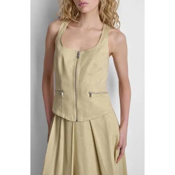 Dkny Linen Blend Sleeveless Zip Top - Mojave Desert