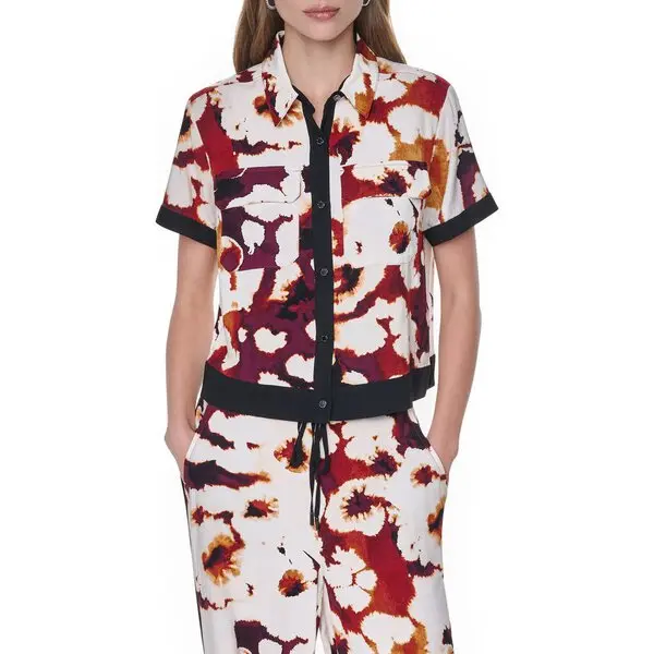 Dkny Printed Cropped Short Sleeve Shirt - Floral Inkblot