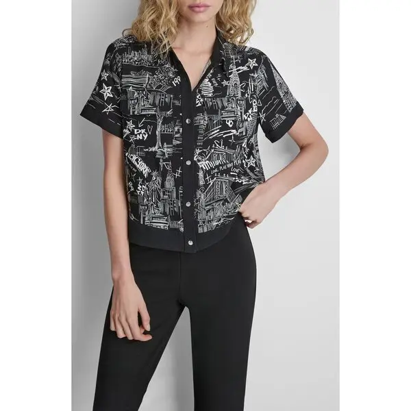 Dkny Printed Cropped Short Sleeve Shirt - New York Toile Black