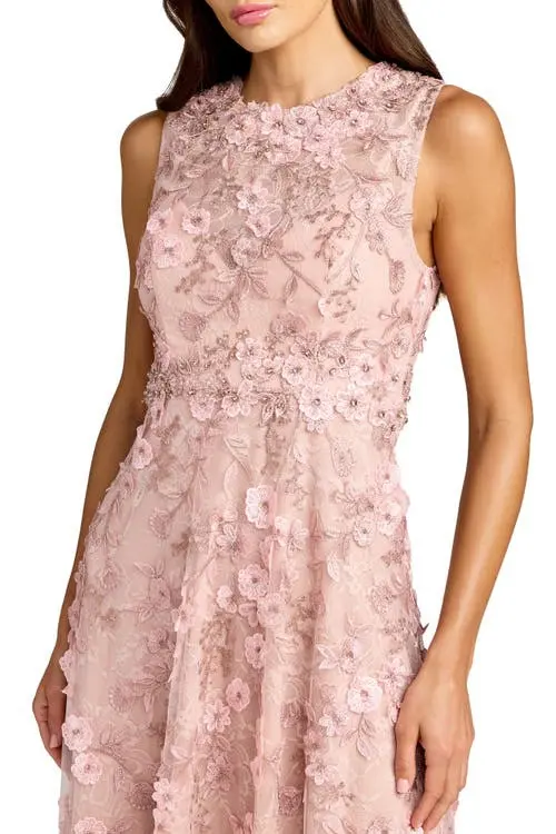 Mac Duggal Floral Embroidered High Neck Midi Dress
