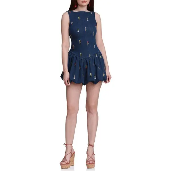 Avec Les Filles Embroidered Bubble Hem Denim Minidress - Monarch Botanical