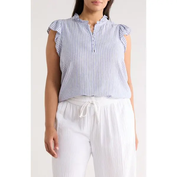 Caslon Stripe Flutter Sleeve Top - Blue- Ivory Penny Stripe