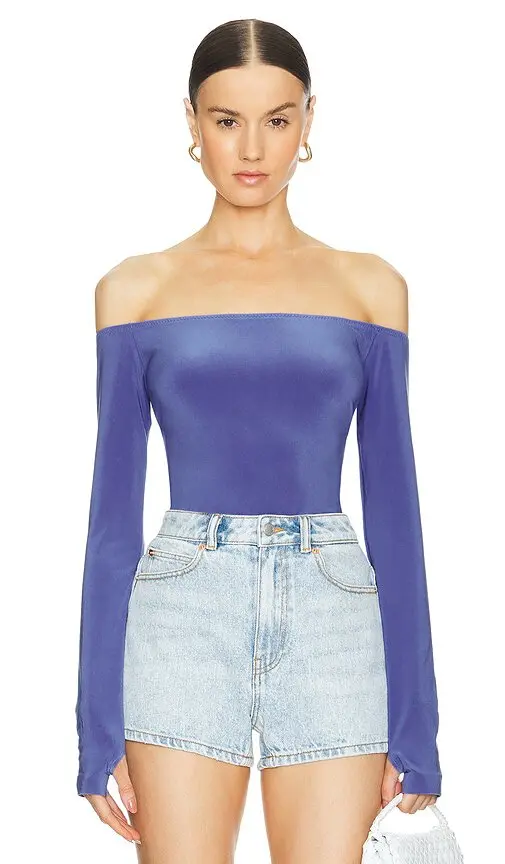 Norma Kamali Long Sleeve Off Shoulder Top - Military Blue