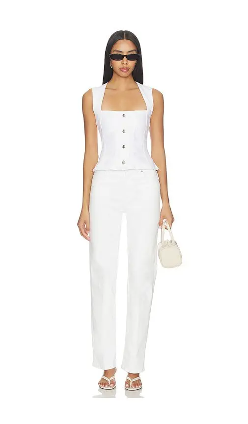Good American White Button Front Peplum Top - White001