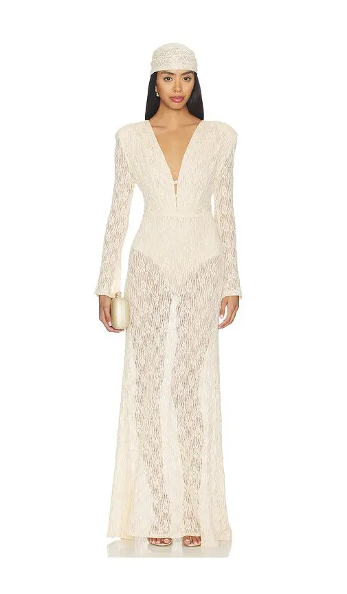 AWAVE STUDIO Long Sleeve Lace Maxi Dress - Beige