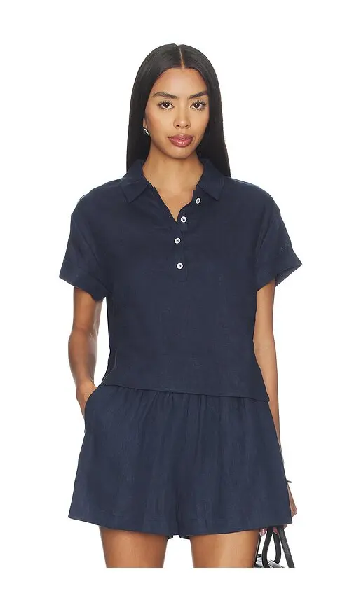 PERFECTWHITETEE Linen Button Down Collared T-shirt - Navy