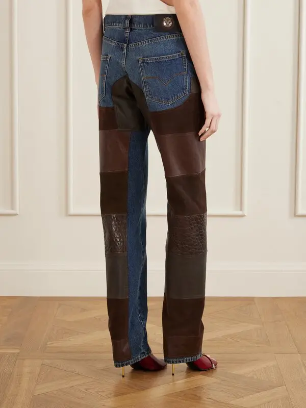 Versace Leather-trimmed Straight-leg Jeans - Blue