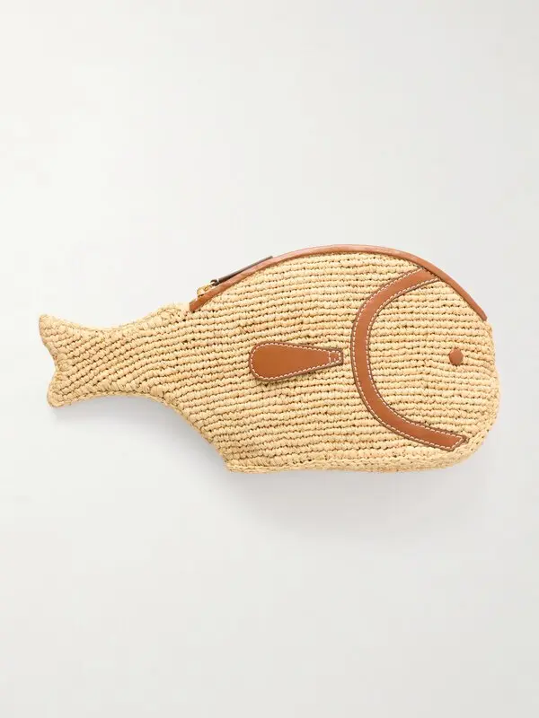 Staud Pesce Leather-trimmed Raffia Clutch - Neutrals