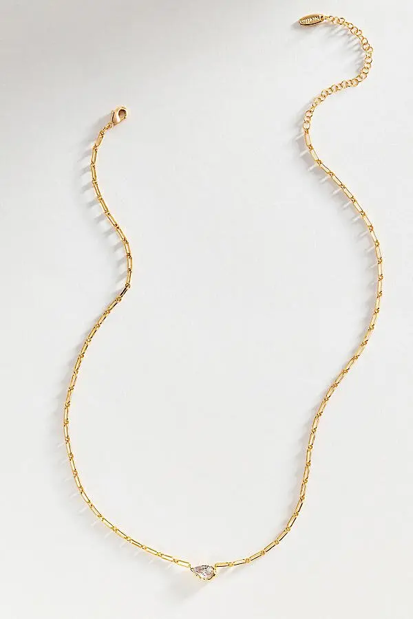 Anthropologie Bezel Crystal Paperclip Chain Necklace - Gold