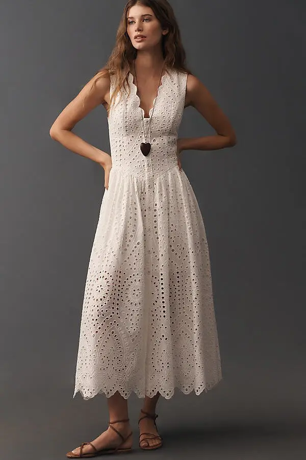 Avec Les Filles Cotton Eyelet Midi Dress