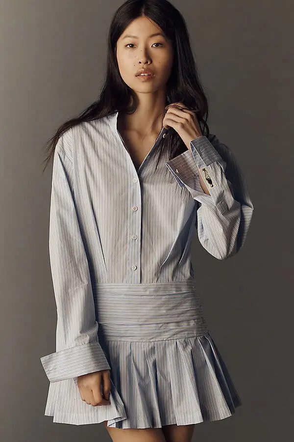 ROWING BLAZERS Pleated Buttondown Shirt Dress - Blue