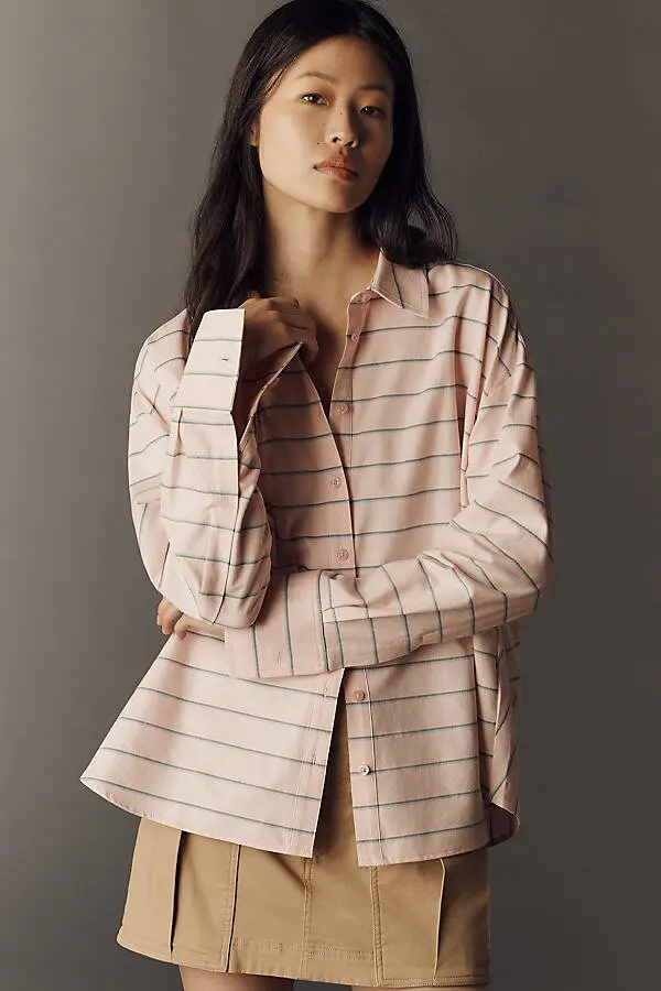 Maeve Oversized Cocoon Buttondown Shirt - Pink Stripe